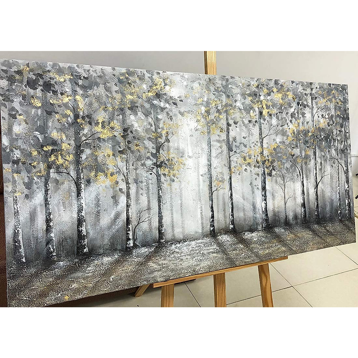 V-inspire art, 24x48 Inch Modern Impressionist Tree art 100% Hand Painted Canvas Wall art Oil Painting Large Paintings Gray Wall Decoration Acrylic Paint Knife Painting