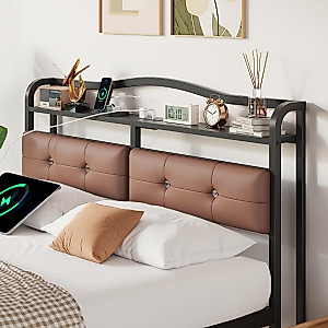 UOMEUR Queen Bed Frames,Queen Bed Frame with Headboard & Charging Station,Black Bed Frame Queen Size No Box Spring Needed,Metal Queen Bed Frames for Kids,Boys,Girls,Adult,Easy Assembly and Noise Free