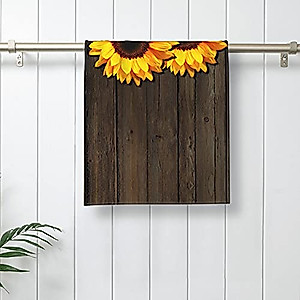 Rustic Wood Sunflower Hand Towel Vintage Brown Wooden Stripe Face Towel Soft Microfiber Board Washcloth for Bathroom Kitchen Farmhouse 12"x27.5"
