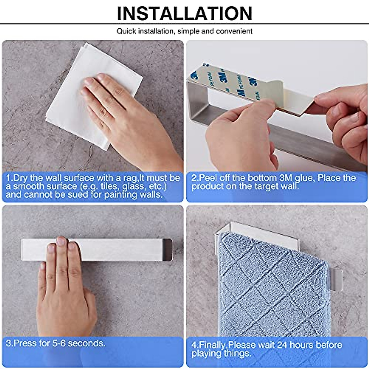 Stainless Steel Hand Towel Bar - Self Adhesive Towel Rack Stick on Wall, SUS-304 Brushed Towel Holder, Strong Sticky Towel Ring, Contemporary Style Towel Hanger No Drilling