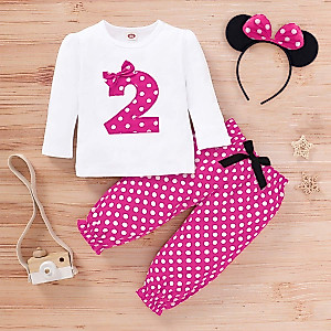 ODASDO Toddler Baby Girl 2nd Second Birthday Party Cake Smash Outfit Cotton Long Sleeve T-shirt Top Pants Ear Bowknot Headband 3pcs Clothes Set Photo Props Hot Pink 18-24 Months