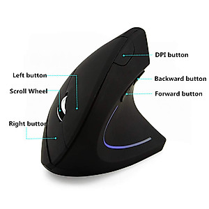FLY WAY Wireless Vertical Mouse,2.4G Ergonomic Optical Mice 800/1200 /1600 DPI 5 Buttons Mouse with USB Receiver for PC Laptop Desktop Gaming (Black)