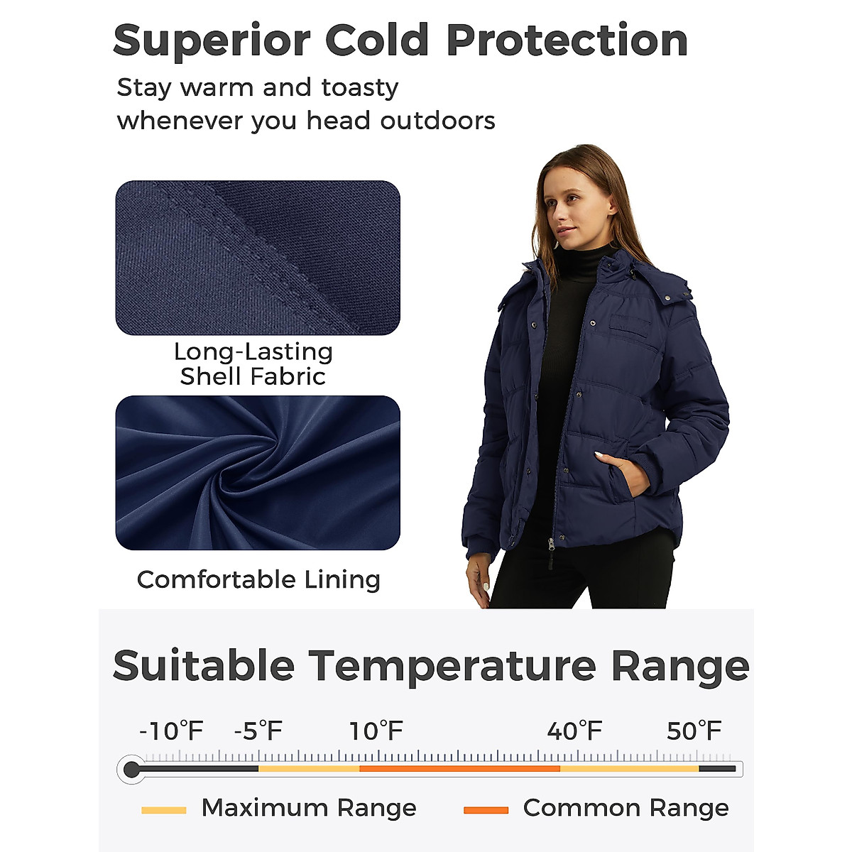 wantdo Women's Windproof Puffer Jackets Hooded Winter Coat Parka Jackets Navy XL
