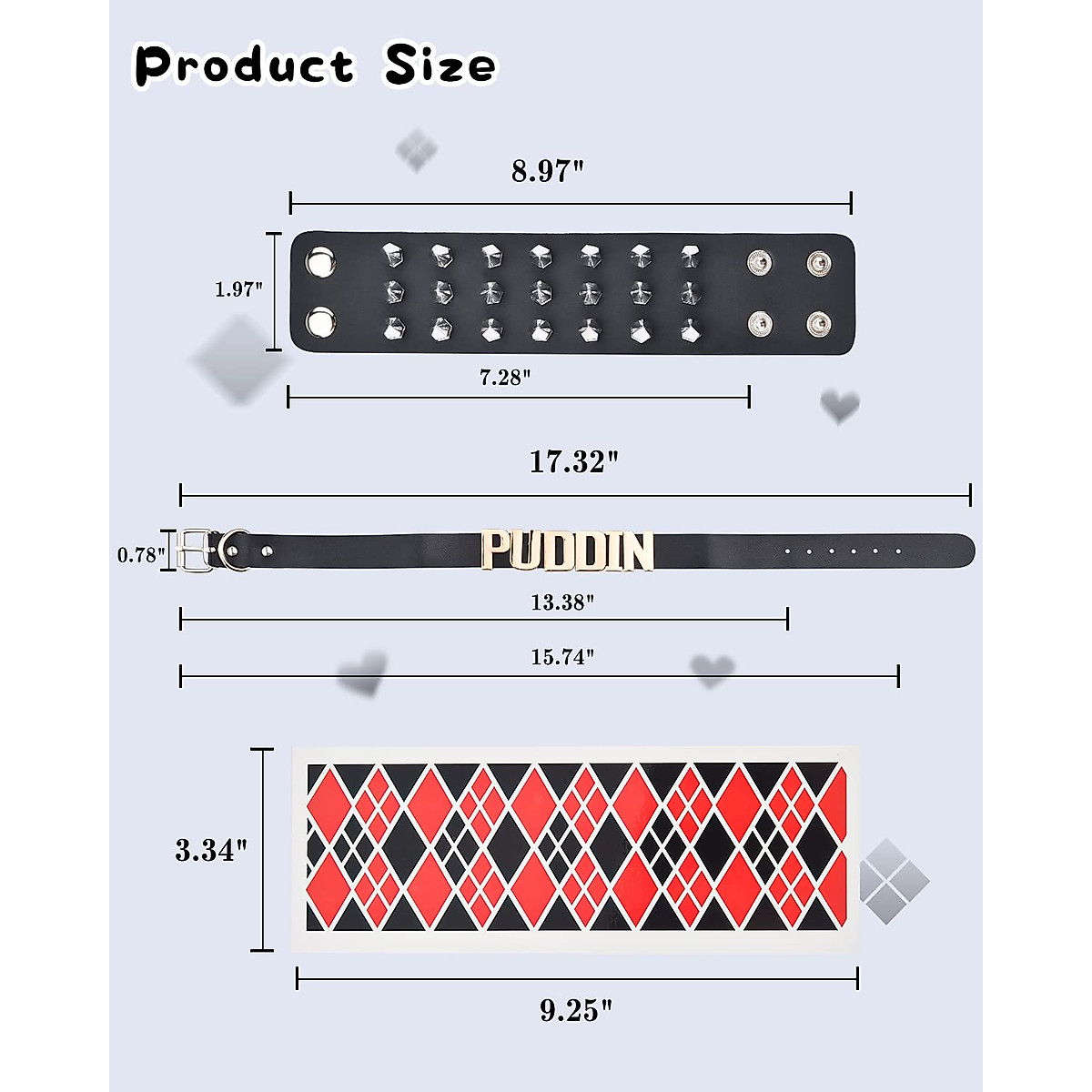 ABONDEVER Quinn Puddin Choker Halloween Set Adjustable Punk Leather Letter Collar Necklace Tattoo Stickers Rivets Spike Bracelet Halloween Harley Cosplay Accessories for Women (Black-B)