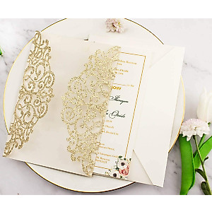 50Sets 5x7 inch 250gsm Light Gold Glitter Wedding Invitations Cards with Envelopes Laser Cut Greeting invites 4 Birthday Bridal Show