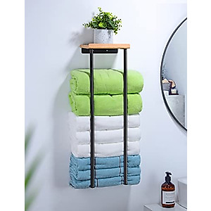 Towel Rack Wall Mounted - KEGII Towel Racks with New Upgrade Wood Shelf, Towel Storage Wall Can Holds Up to 5 Large Size(63x40 inch) of Rolled Towels