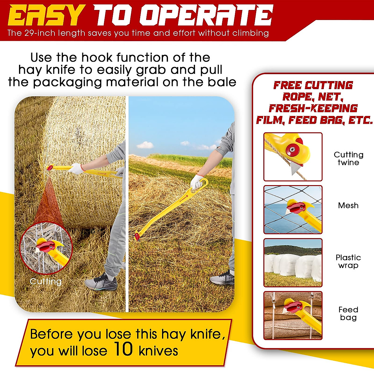 G GREENLY-AG 29" Hay Knife with 20 Blades, Net Wrap & Baling Twine Cutter, Hay Hooks, for Effortless Round Hay Bale Handling on Farms