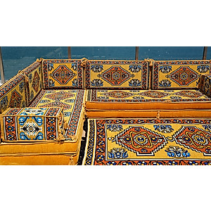 Yellow Premium Arabic Seating, Handmade Floor Couches, Sectional Sofas, Turkish Floor Sofas, Moroccan Livingroom Sofas, Arabic Majlis, Sofa Slipcovers, Living Room Furniture (L Sofa + Rug)