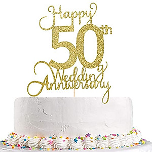 Wedding 50th Anniversary Cake Topper - Wedding Anniversary Party Decoration, Premium Gold Sequins, Happy 50th Anniversary, 50th Wedding Anniversary Cake Decoration.
