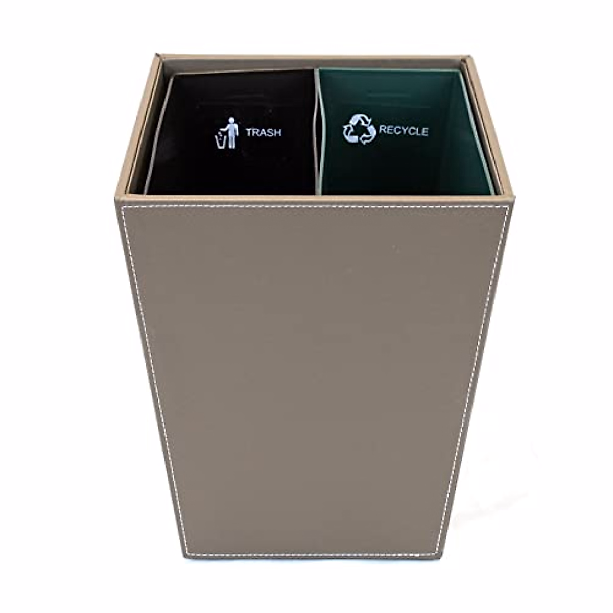 Hospitality Source Leatherette Recycle Waste Bin with Dual Liners for Home or Office. 14.5 Quart Capacity. (Brown)
