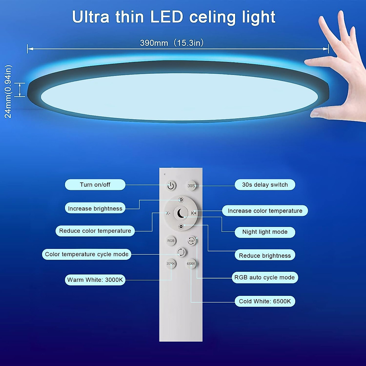 Marfete Flush Mount LED Ceiling Light Dimmable with Remote Control, 15.3 Inch 35W RGB Frontlight Close to Ceiling Light Fixture 3000-6500K, Modern Ultra-Thin Round Ceiling Lamp, for Bedroom