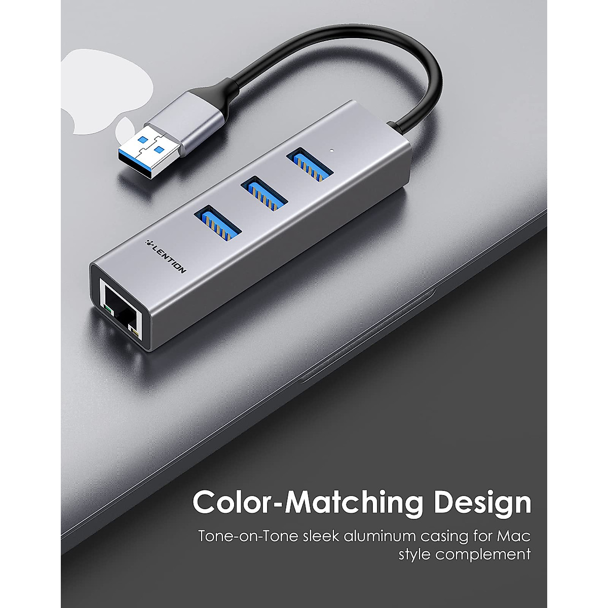 LENTION USB Hub to 3 USB 3.0 & Gigabit Ethernet LAN RJ45, Network Adapter Compatible MacBook Air/Pro (2009-2015), Surface, Chromebook, More Type A Devices, Stable Driver Certified(H23s, Space Gray)
