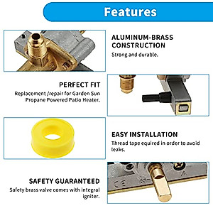 ETERMETA Gas Safety Control Valve with Piezo Push Ignition Device for Garden Sun Propane Powered Patio Heater Repair Replacement Parts, 7/16"-24 UNEF Inlet & Outlet, Gold