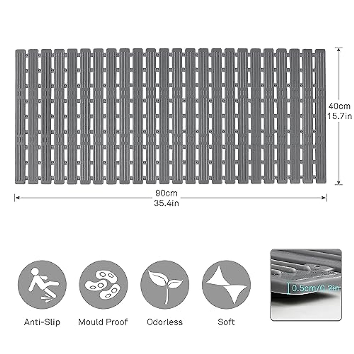 Qidordour Bath Mat for Tub Non Slip Shower Mat, 35.4 x 15.7 Inch Long Bathtub Mats with Suction Cups and Drainage Holes, Anti Slip Soft Bathroom Mat for Inside Shower Stall Tray Toilet Floor, Grey