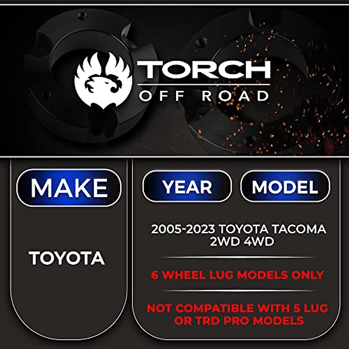 TORCH 3" Front 2" Rear Leveling Lift Kit for 2005-2023 Toyota Tacoma 2WD 4WD TRD SR5 - Models with 6 Lug Wheel Bolt Pattern ONLY