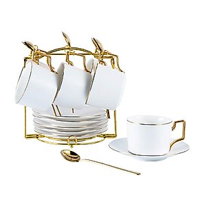 CHILDIKE Ceramic Demitasse Espresso Cups Set with Saucers and Metal Stand, 7 oz Porcelain Stackable Cappuccino Cups for Tea, Latte, Coffee, Cafe Mocha, Set of 6, Matte White