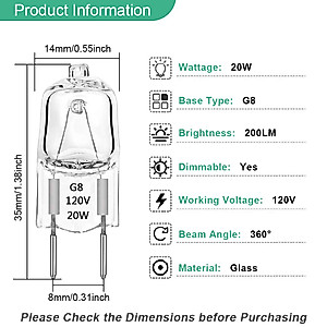 TAIYALOO G8 Halogen Light Bulbs 20W Dimmable 120V G8 Base 2Pin Xenon Bulb (12 Pack) T4 JCD Type Warm White Under Cabinet Puck Lighting Replacements