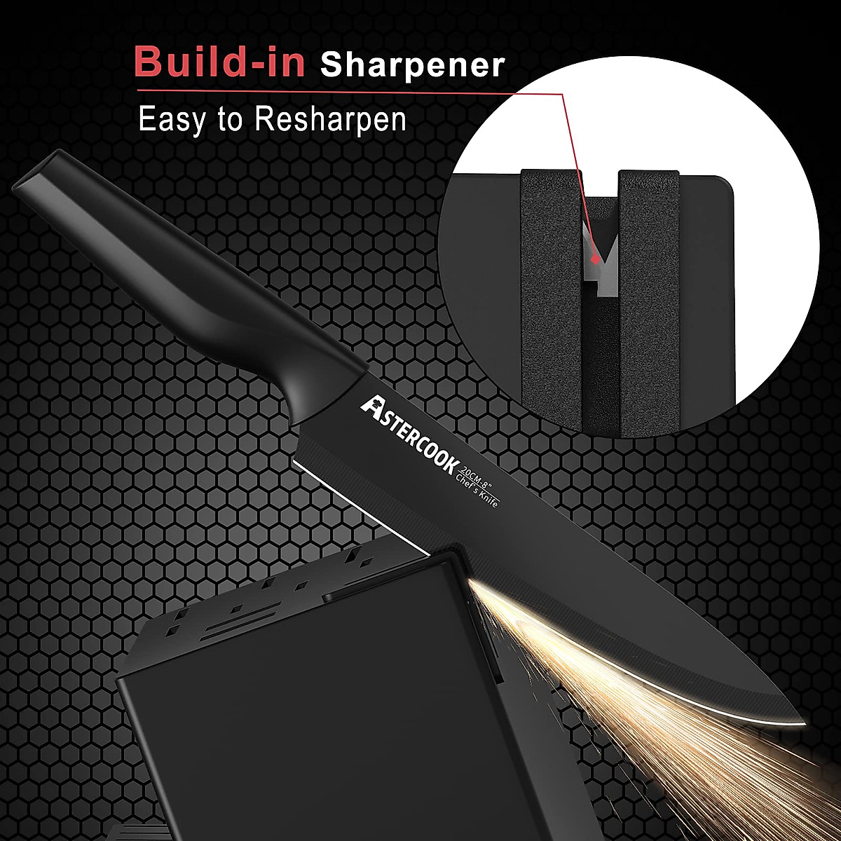 Knife Set, Astercook 21 Pieces Knife Sets for Kitchen with Block, Dishwasher Safe Kitchen Knife Set with Built-in Sharpener, German Stainless Steel Black Knife Block Set