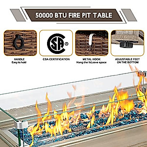 GYUTEI 50 in Propane Fire Pit Table,Rattan Fire Pit Table with Glass Wind Guard,50,000 BTU Gas Firepits for Outside ,CSA Certification and Aluminum Tabletop for Garden Patio Lawn(Brown)