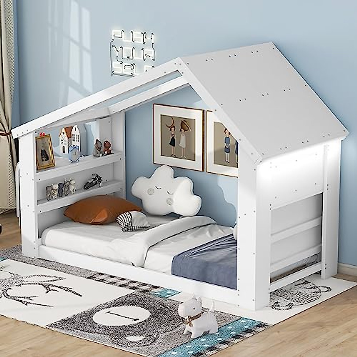 Twin House Bed Kids Floor Bed with Roof and Window, Solid Wood Montessori Bed with LED Light, Low Floor Twin Bed Frame for Kids Girls Boys, No Box Spring Needed (White)