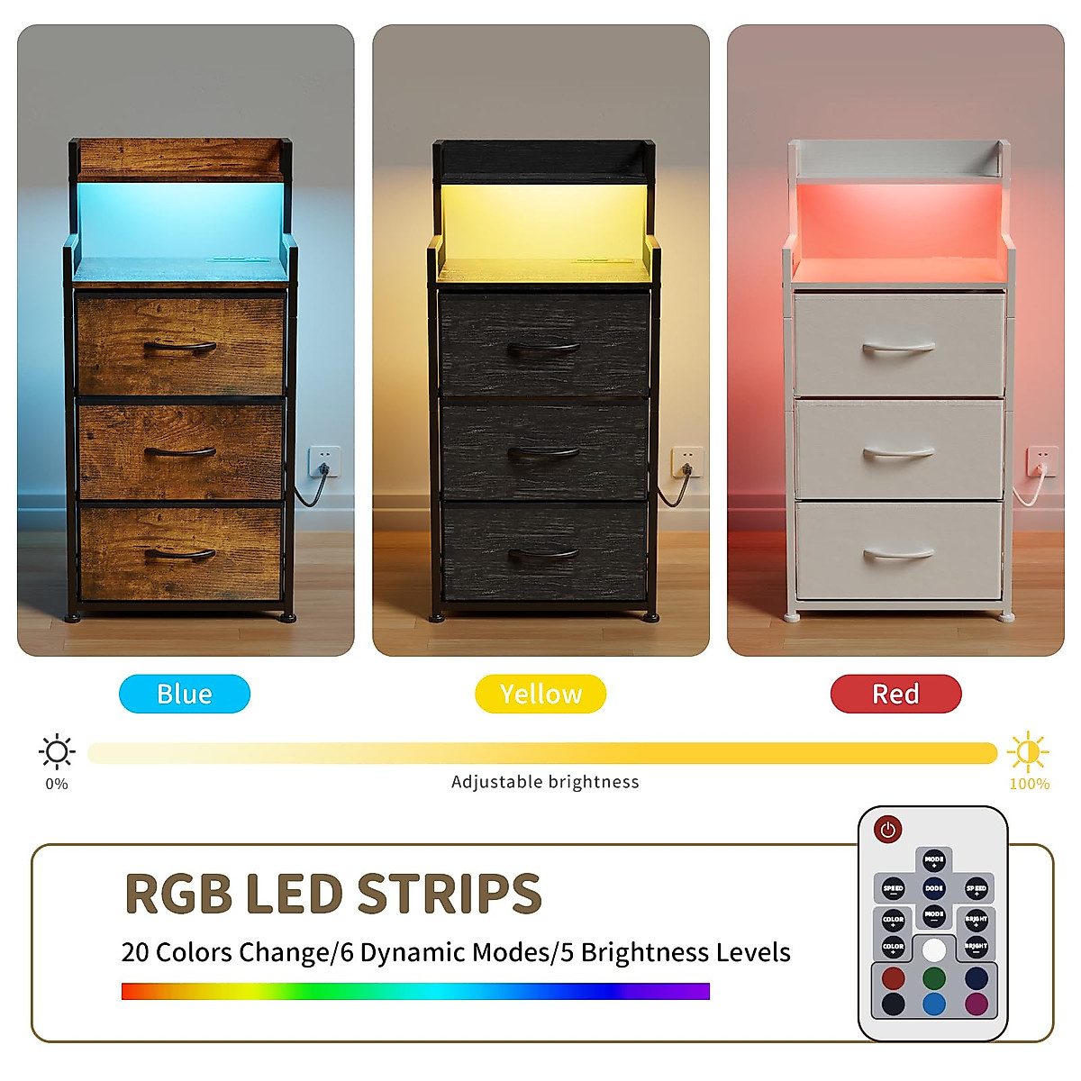 Leadpro Tall Nightstand with Light and Charging Station, Night Stand with 3 Fabric Drawers and Storage Shelf, Nightstands Bedside Tables with USB Ports Outlets for Bedroom, Home, Dorm (White)