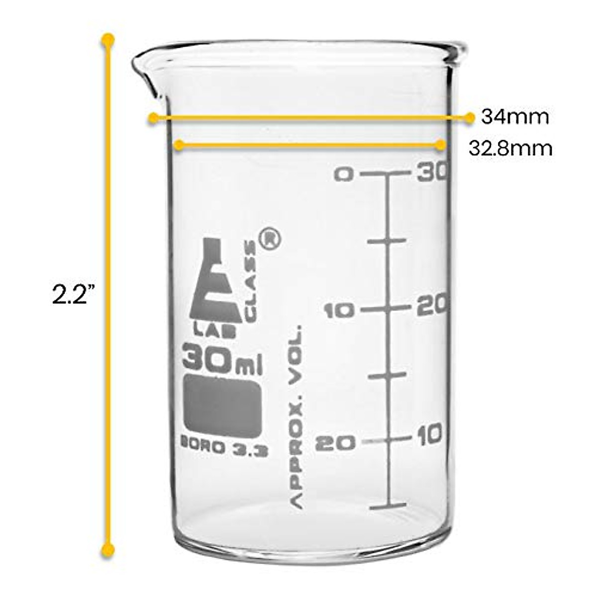 EISCO 12PK Beakers, 30ml - ASTM - Low Form with Spout - Dual Scale, White Graduations - Borosilicate 3.3 Glass