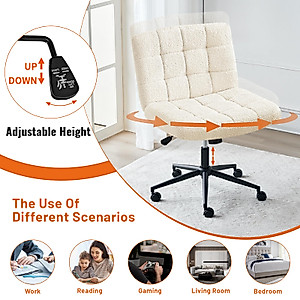 Furniliving Wide Desk Chair, Faux Fur Upholstered Office Chair with Wheels, Adjustable Accent Chair with Thicken Seat, Computer Chair for Living Room, Study Room, Home Office, IvoryWhite