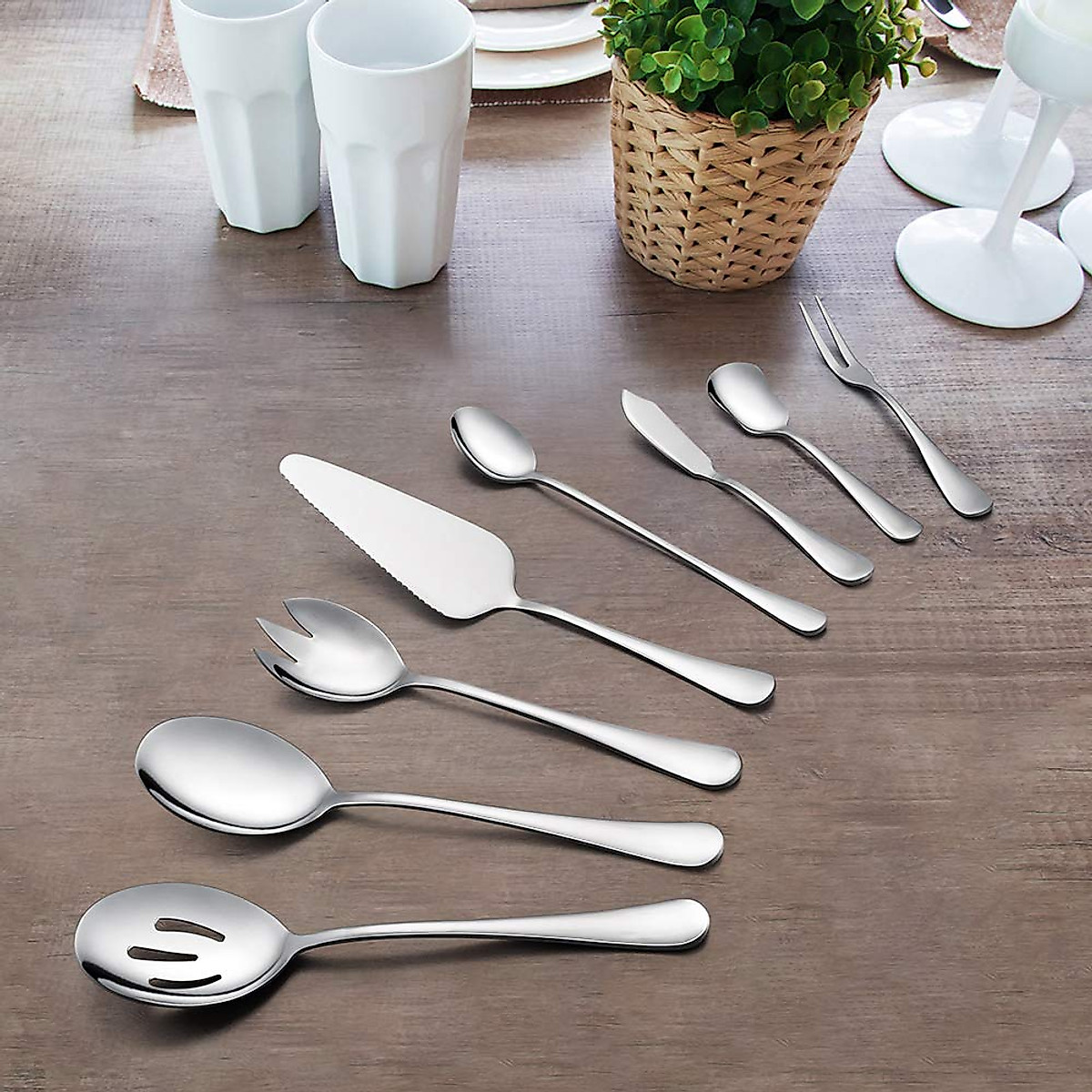 LIANYU 8 Piece Serving Utensils, Stainless Steel Flatware Hostess Serving Set, Mirror Finished, Dishwasher Safe