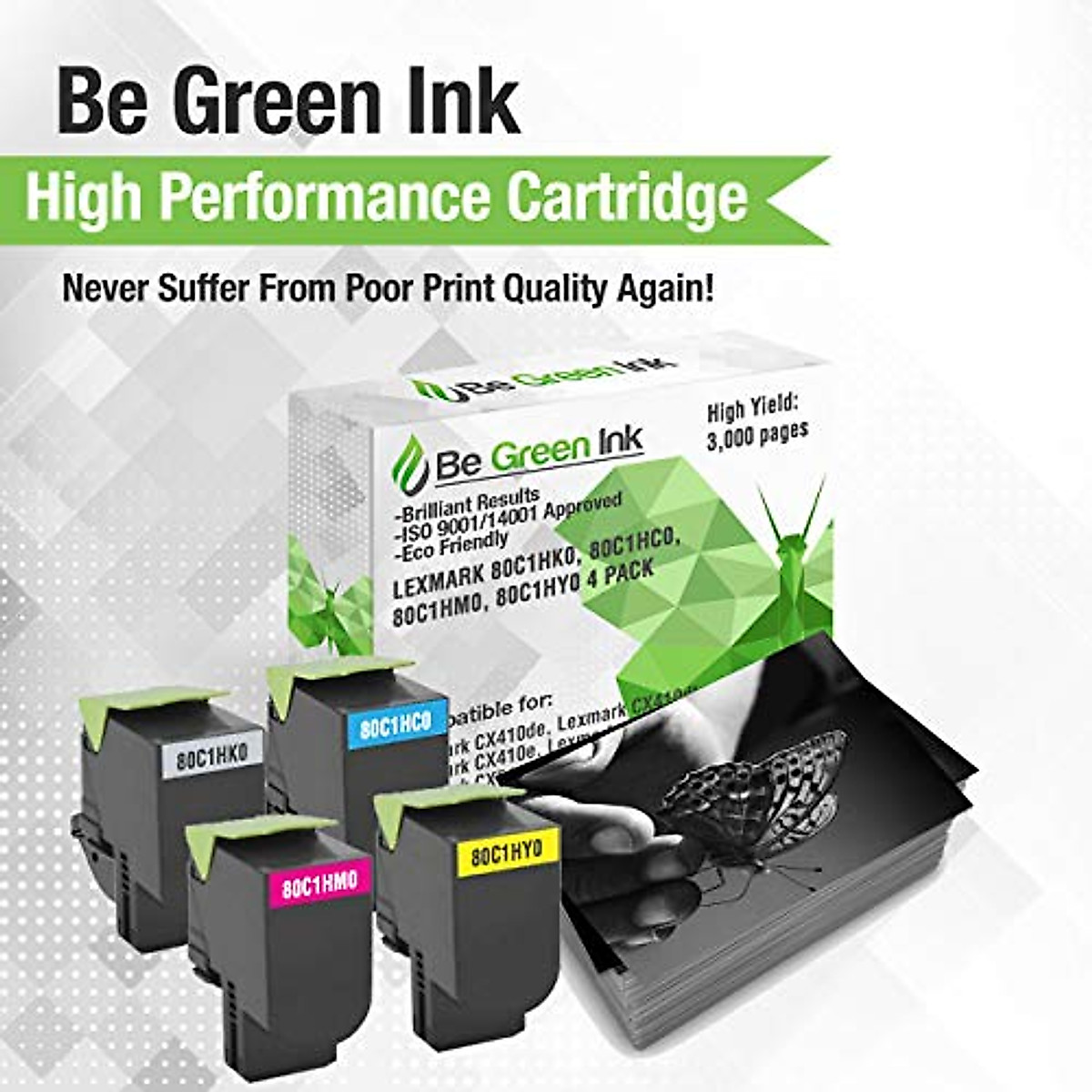 Be Green Ink Compatible Replacement Toner Cartridge for Lexmark CX410 C410de CX410dte CX150 CX510de CX510de - 80C1HK0 801HK 80C1HC0 801HC 80C1HM0 801HM 80C1HY0 801HY Toner (4 Pack, 1B, 1C, 1M, 1Y)