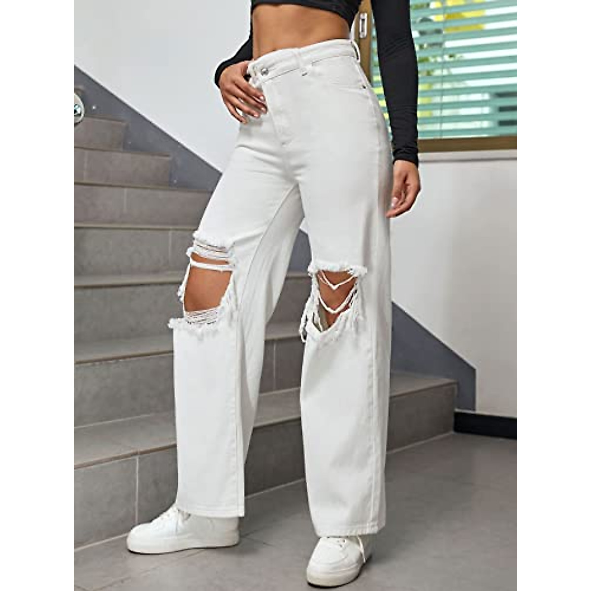 SweatyRocks Women's Straight Wide Leg High Waisted Jeans Ripped Distressed Cut Out Denim Pants White M