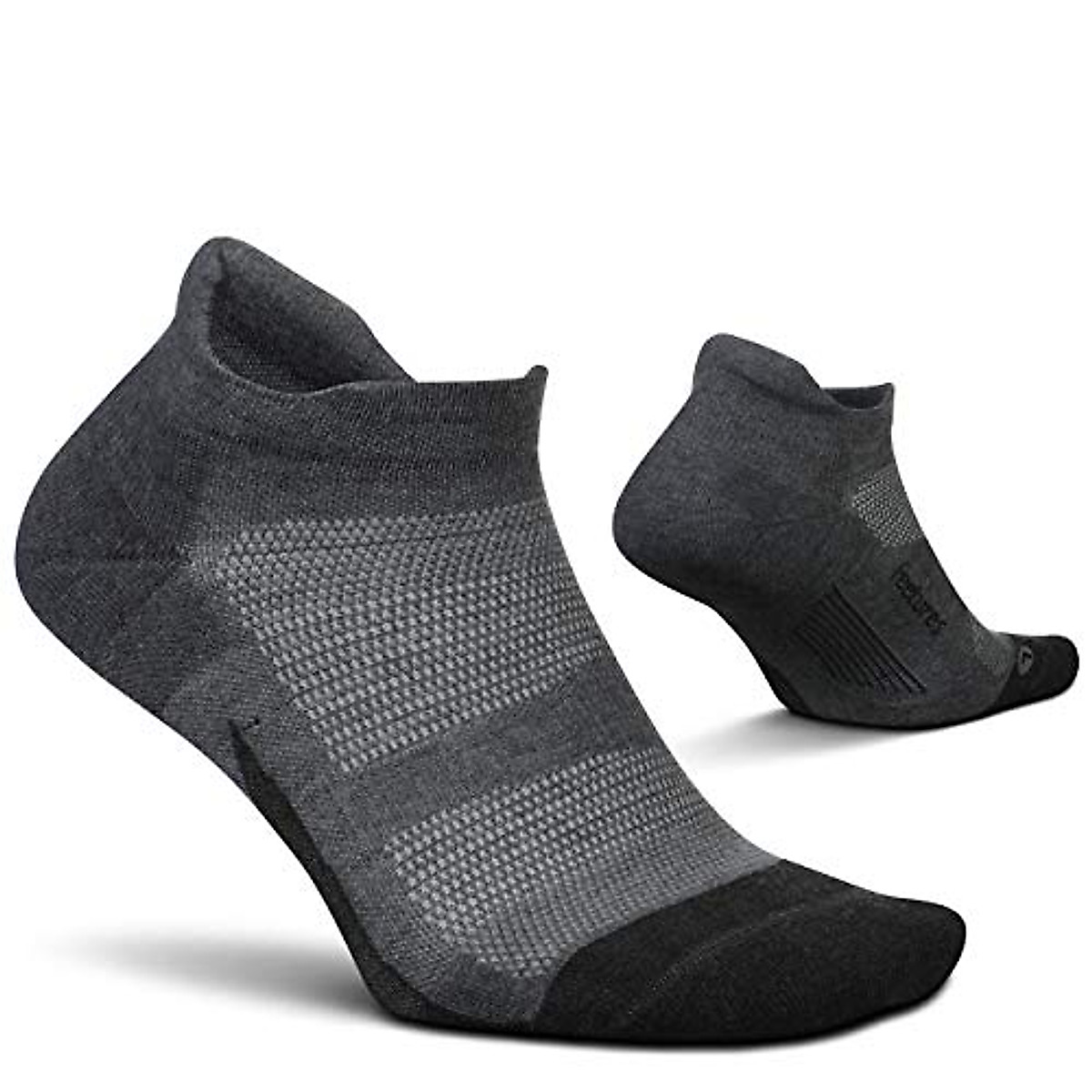 Feetures Elite Max Cushion No Show Tab Ankle Socks - Sport Sock with Targeted Compression - Grey, L (1 Pair)