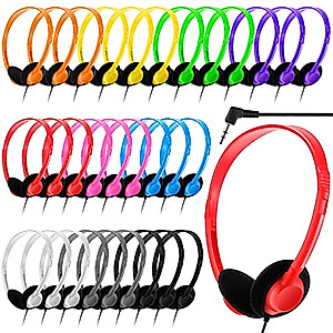 30 Pack Class Set Headphones for Kids School Earphones over Head Bulk Colored Classroom Headphones on Ear Earbuds Adjustable with 3.5 mm Jack for Libraries Students Teens Adults, Individually Wrapped