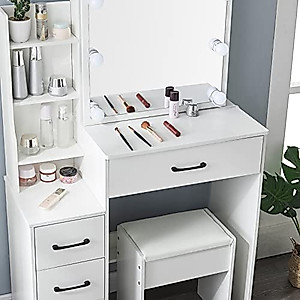 Abesthink Modern Makeup Vanity with Mirror,Ladies Vanity Set with Mirror and Stool,Vanity Table Dressers Desk for Bedroom, Makeup Vanity with 3-Color Dimmable Lighted Mirror for Girls White