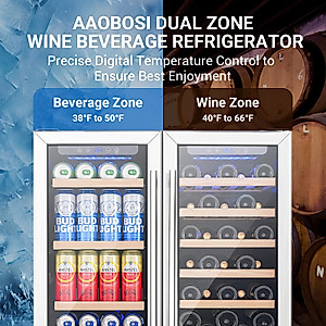 AAOBOSI 30 Inch Wine and Beverage Cooler, 31 Bottles & 110 Cans Wine Fridge, Glass Door Dual Zone Wine Refrigerator Freestanding and Built-in, Digital Temperature Control, Blue LED Display Light