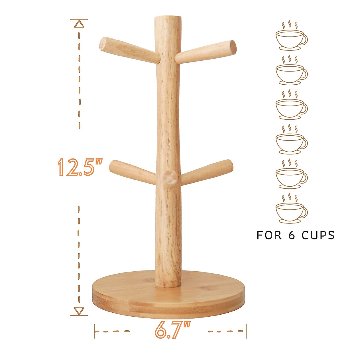 E-ROOM TREND Mug Holder 1 Pack Dia 6.7" Large Thicken Base Steady Wood Coffee Cup Rack with 6 Hooks Stand for Countertop Coffee Bar Accessories and Decor Coffee Organizer Station(MH171)