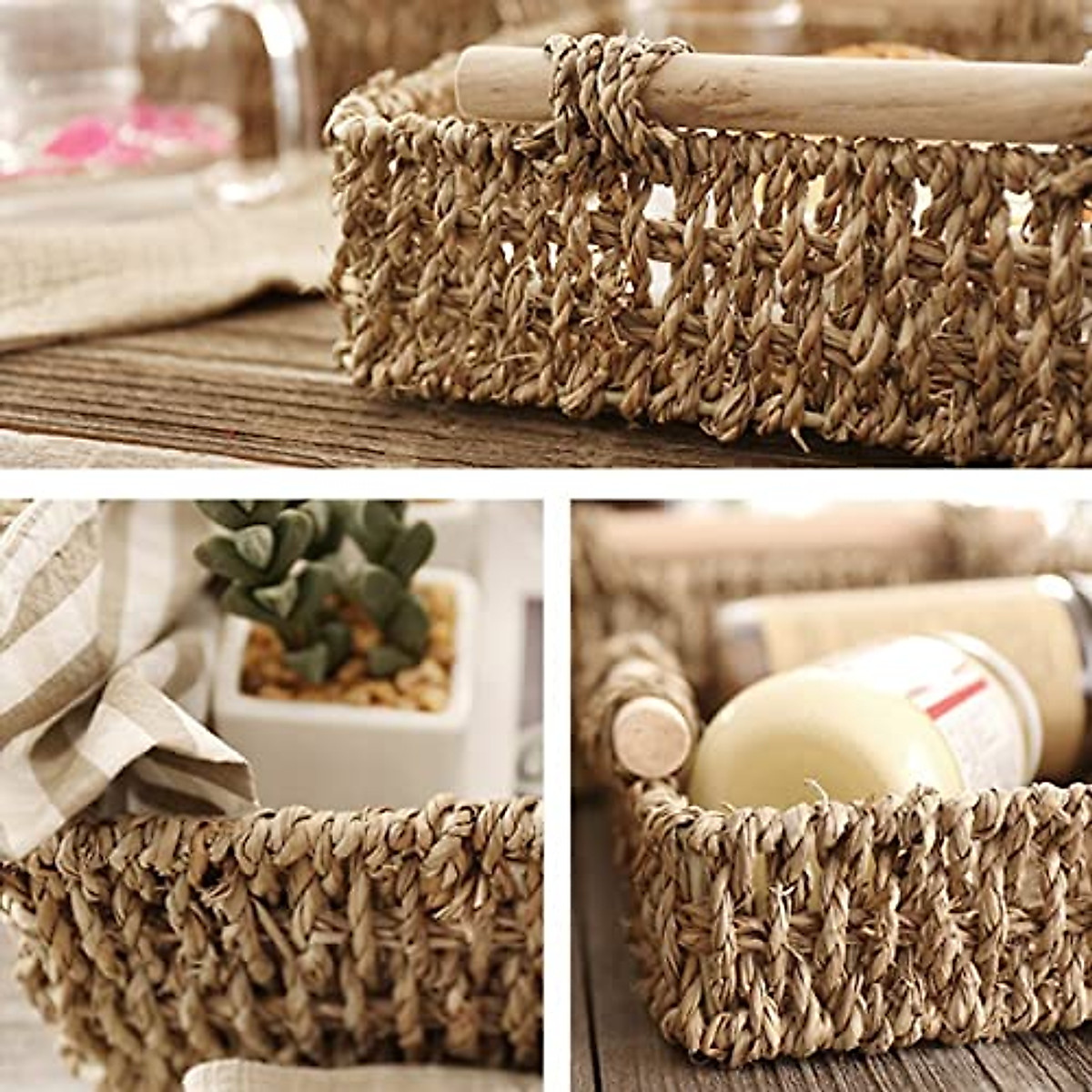 Hand- Bedroom Water Basket or Wooden Bins Key Paper Laundry Handmade Cm Woven Straw Makeup Pot Bread Handle, Retro Xxcm Wood Towels S Seagrass Toilet Cosmetics .x.x.