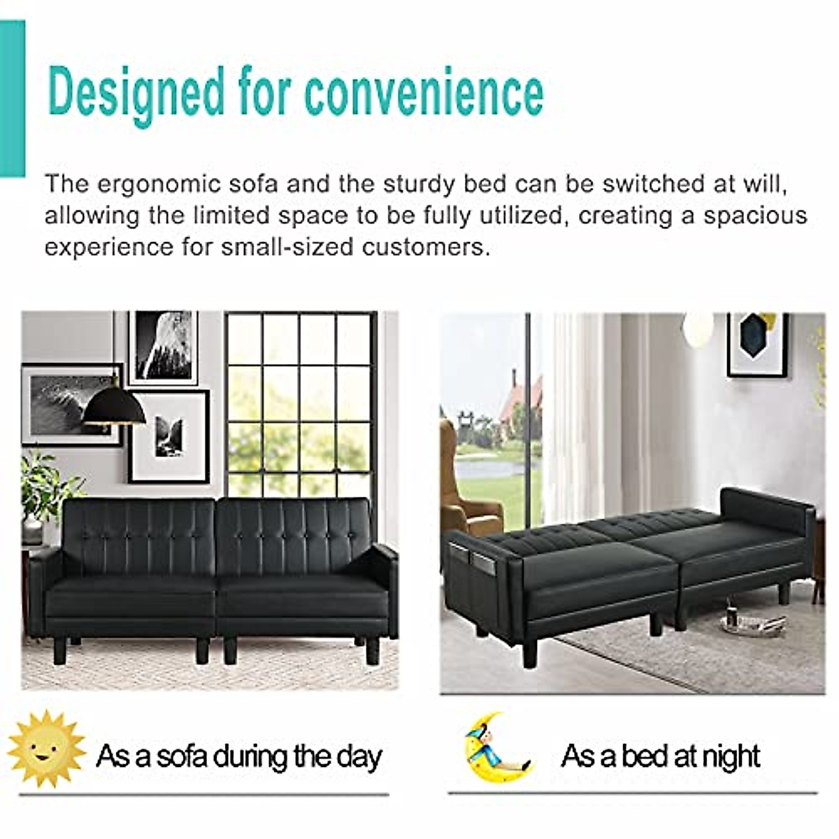 SAMERY Futon Sofa Bed Couch and Sleeper Sofas for Living Room, Faux Leather Convertible Folding Sofa Bed Couch and Loveseat for Small Space with Side Pockets Armrest and Sturdy Legs
