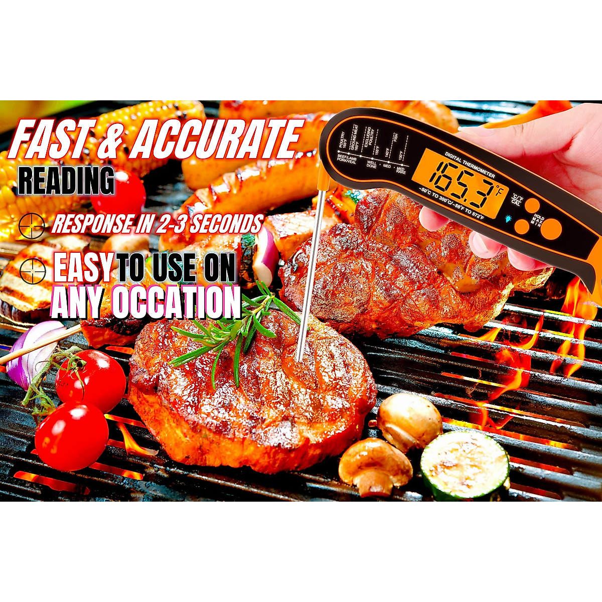 KUKVINA Waterproof Digital Instant Read Meat Thermometer for Cooking, Grilling, BBQ, Kitchen & Candy, Ultra-Fast Food Thermometer with Folding Probe，Backlight & Calibration Function