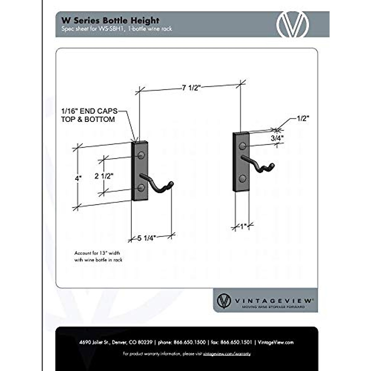 VintageView W Series Bottle Height Wall Mounted Metal Wine Rack (1 Bottle, Satin Black)