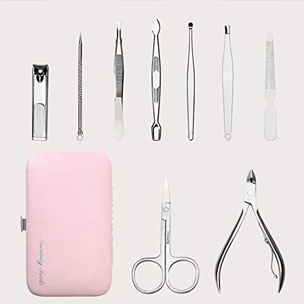 JIUKE Professional Nail Care Manicure Set of 9Pcs,Stainless Steel Pedicure Tool,Finger File Nail Clippers Grooming Kit,With Pink Travel Size Case for Women