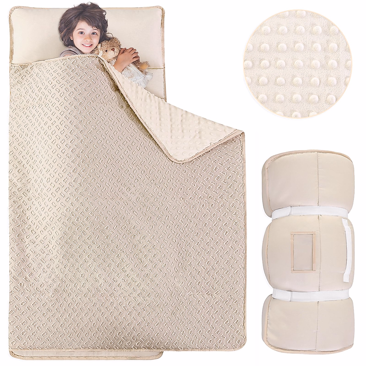 Toddler Nap Mat Beige Boho Tufted Geometric Kinder Nap Mats for Toddler Girls Boys Preschool Daycare Soft Fleece Kids Sleeping Mat Portable Sleeping Bag for Travel Camping
