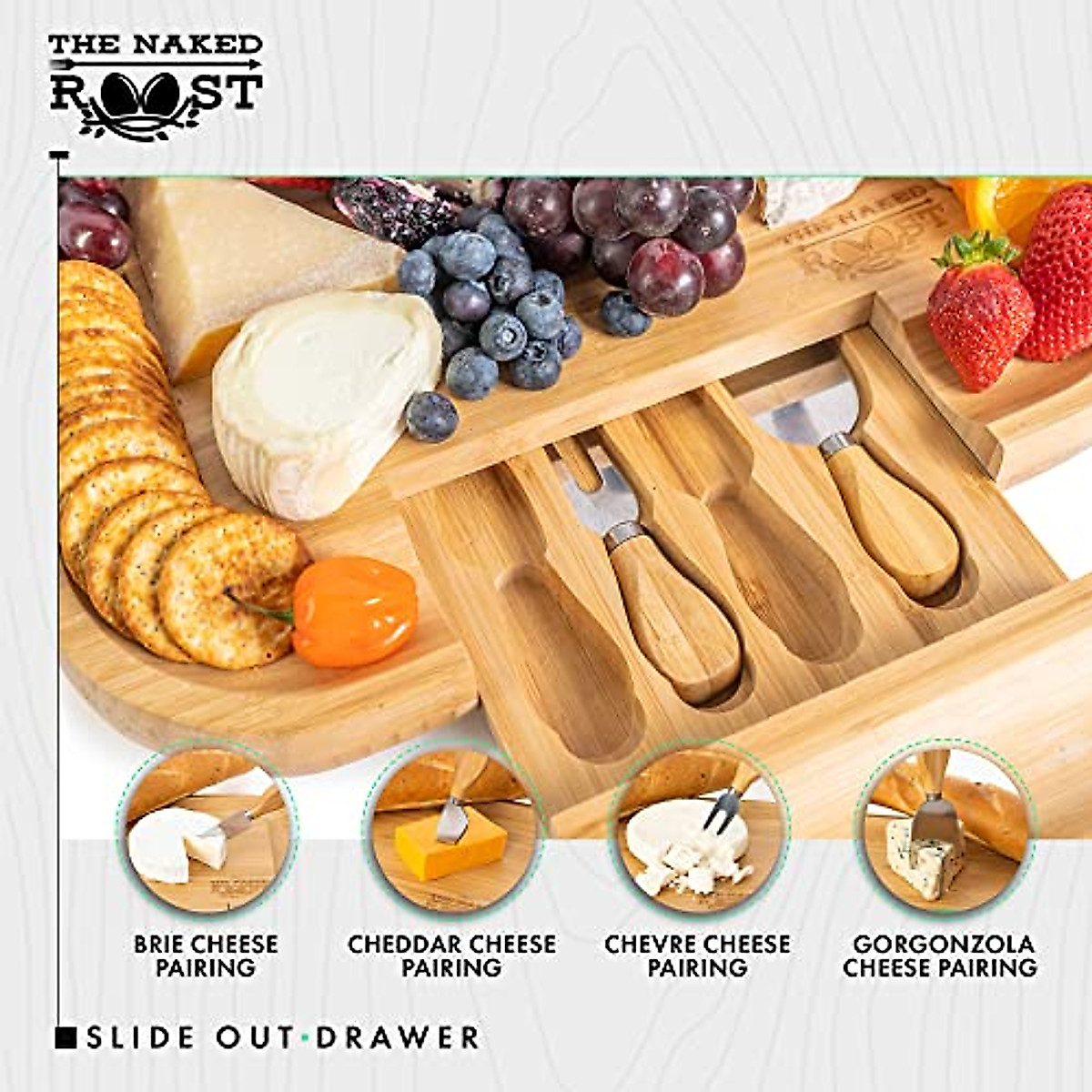Bamboo Cheese Board And Knife Set - Wooden Charcuterie Tray with Leather Handles and Slide Out Drawer - Entertaining Essential for Wine and Cheese Lovers - Cheese Boards Charcuterie Boards