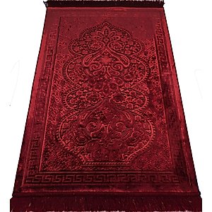Modefa Luxury Velvet Prayer Rug with Prayer Beads | Soft Elegant Muslim Turkish Janamaz Sajada Carpet for Men and Women | Plain Solid Prayer Mat Ramadan Eid Gift - Paisley (Red)
