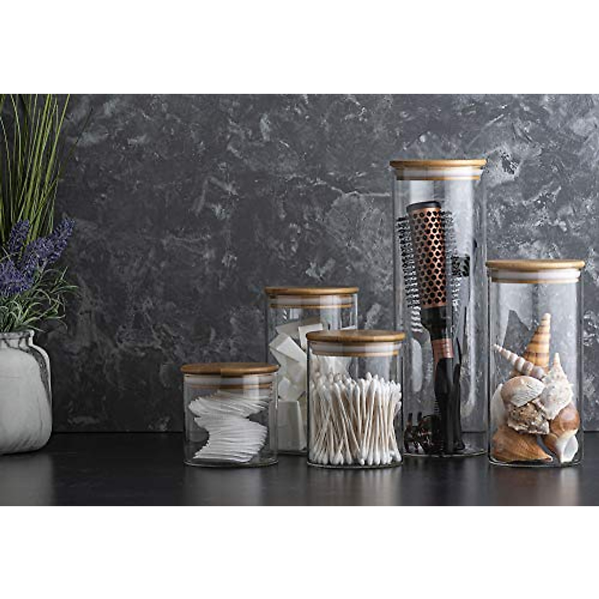 Sugar Packet holder Canister Set of 5, Glass Kitchen Canisters with Airtight Bamboo Lid, Glass Storage Jars for Kitchen, Bathroom and Pantry Organization Ideal for Flour, Sugar, Coffee, Cookie Jar, Candy, Snack and More