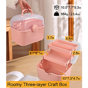 Qudqju Craft Box Organizer Pink Tackle Box Art Storage Box with Handle Sewing Box Organizer First Aid Box Girls Tackle Box Hair Accessories Organizer Travel Makeup Case 3-Layer Crafting Box