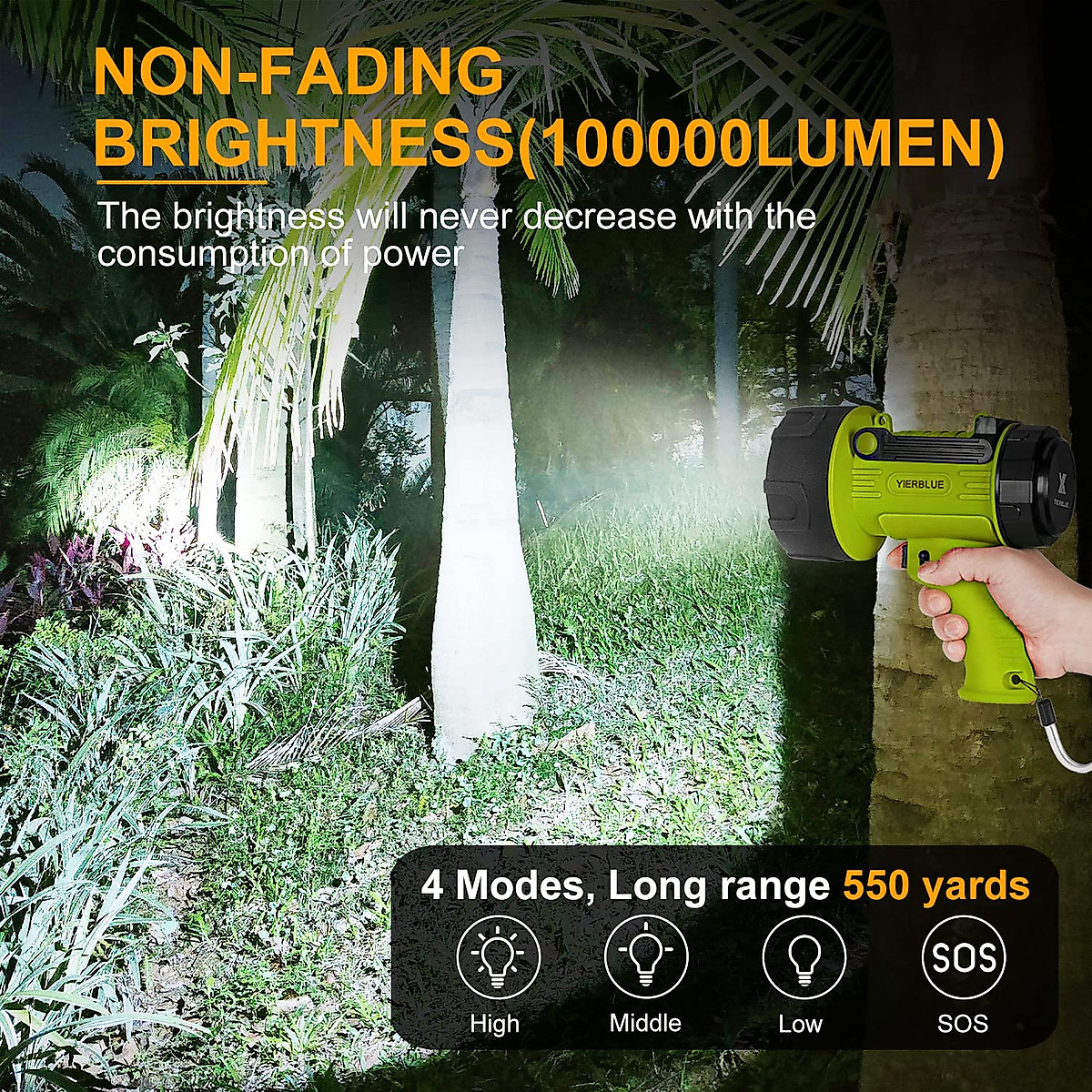 YIERBLUE Rechargeable Spotlight Flashlight with 1000,000 Lumen LED, IP67 Waterproof Long Running Spot Light searchlight, Impact Resistant Handheld Spotlight with Foldable Stand and Detachable Red Lens