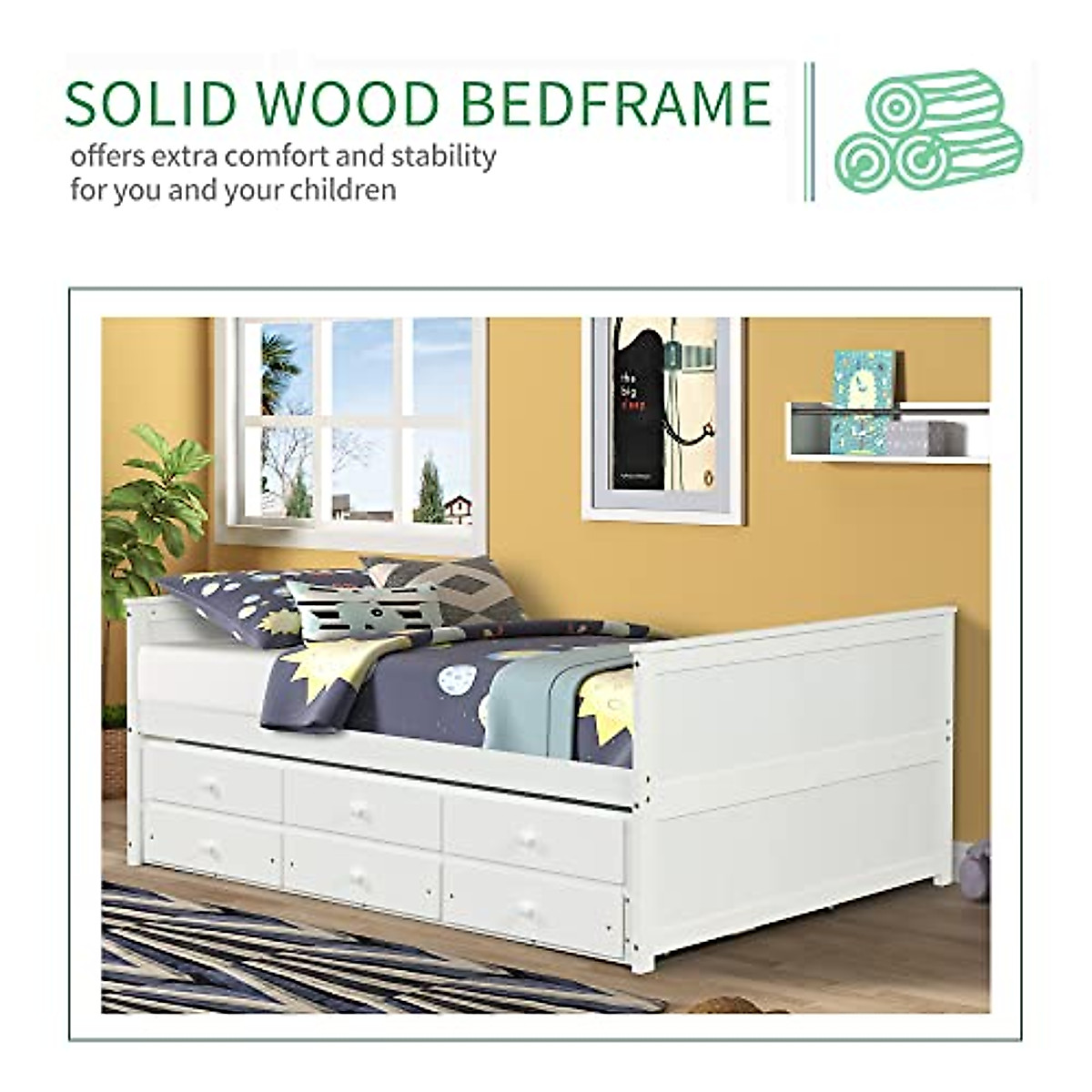 OUYESSIR Full Captains Bed with Trundle and Storage Drawers, Full Trundle Bed with 3 Storage Drawers, Full Day Bed with Trundle Bed, Solid Wood Full Size Captains Bed for Kids Teens and Adults (White)