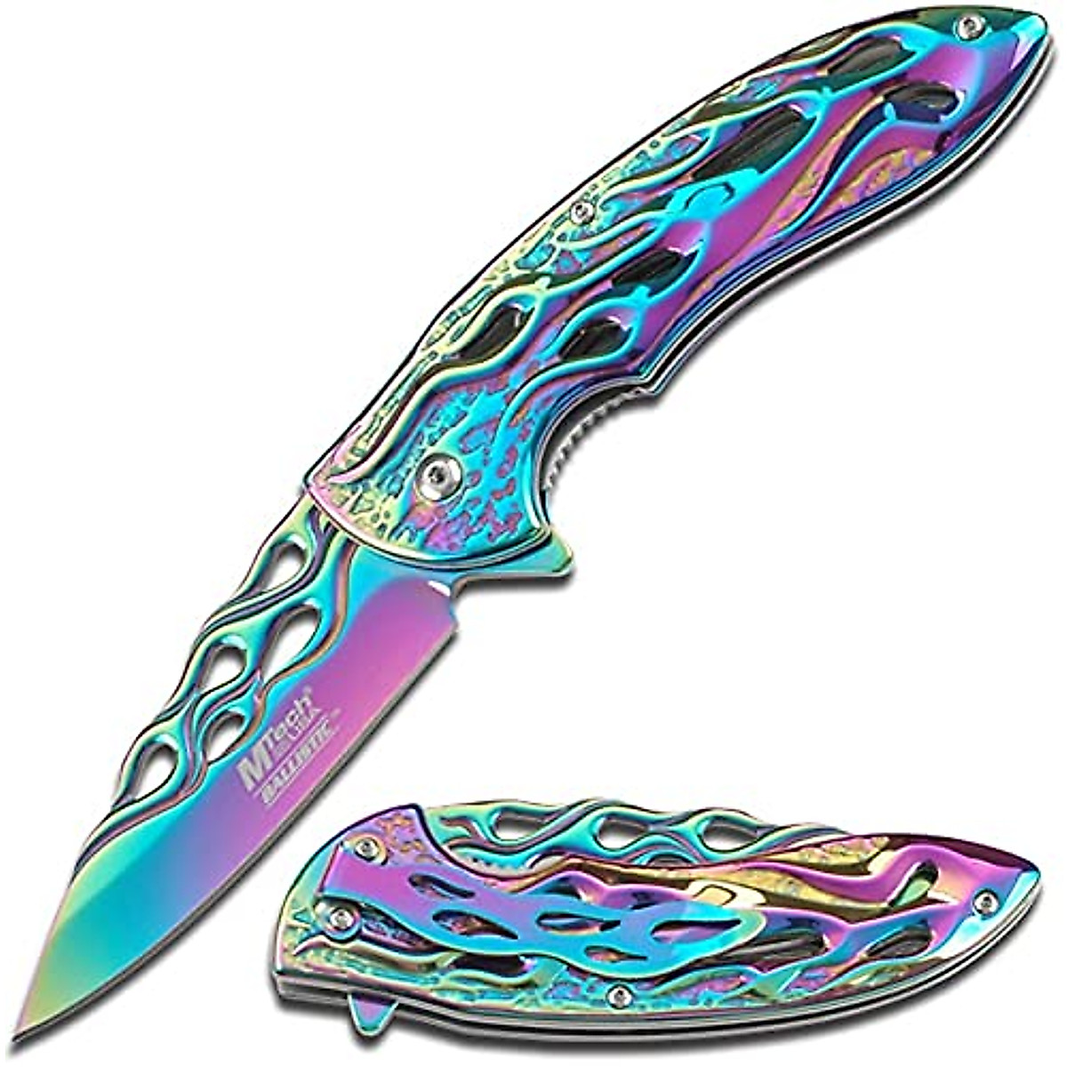 MT-A822RB RAINBOW FINISH NRtstaQHS SPRING ASSISTED 8kTq1Y OPENING KNIFE WITH FLAMING HANDLE ajuiioptr 4567fffg 567ybghjk Mtech Ballistic Assisted Opening KnifeSpring Assisted Opening Knife4.75" Closed Length3.25" Rainbow Stainless Steel Blade3MM Thick Rai