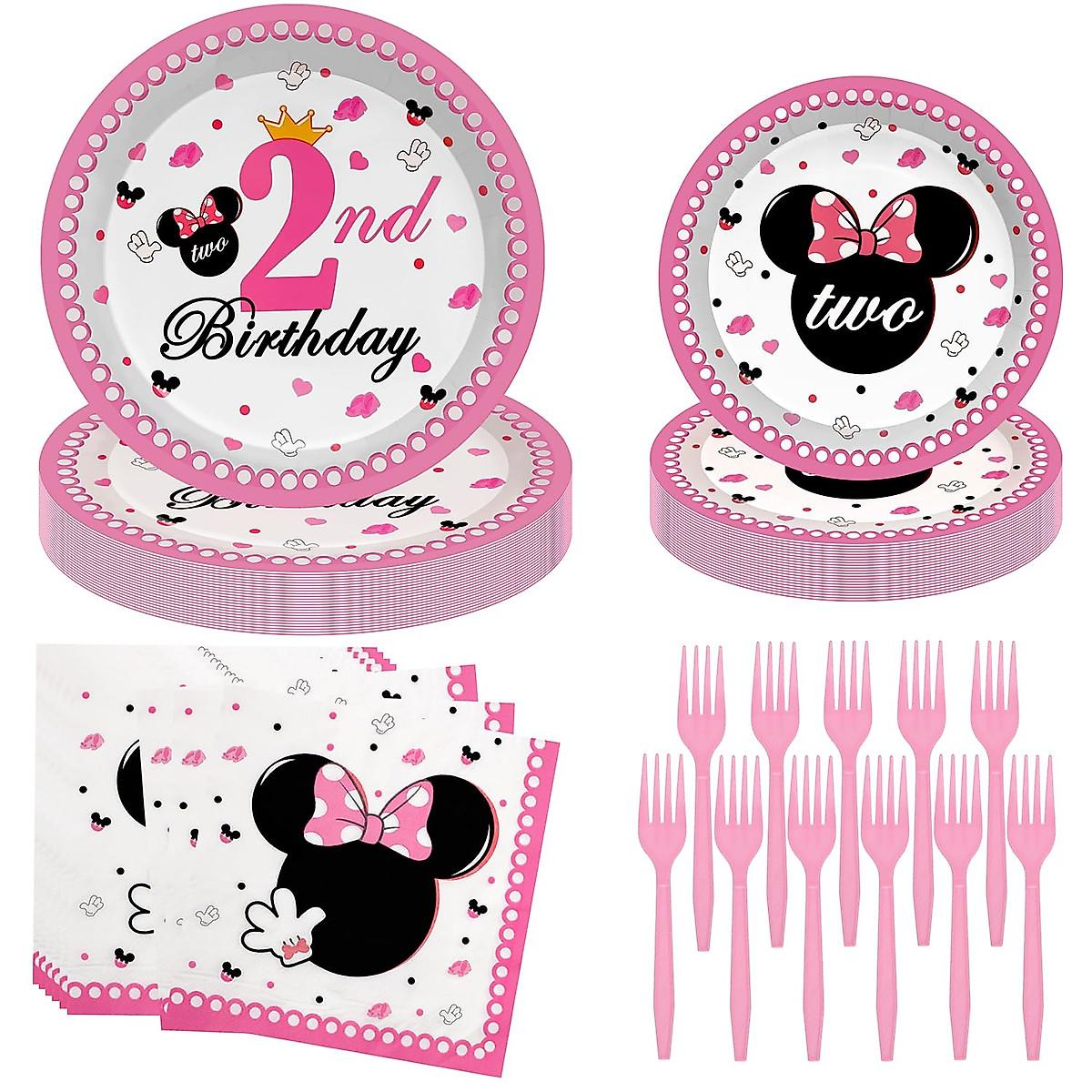 Mouse Birthday Party Supplies-96pcs Twodles Birthday Decorations girl Mouse Party Favors Pink Mouse Plates and Napkins Forks for Minnie Mouse Themed 2nd Birthday Party Decoration supplies