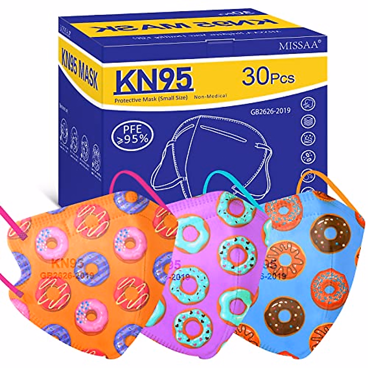 MISSAA KN95 Face Masks for Kids 30 Pcs, 5 Layers Disposable Protective Mask Small Size with Elastic Earloops for Children Boys Girls School Indoor Outdoor Use, Donut
